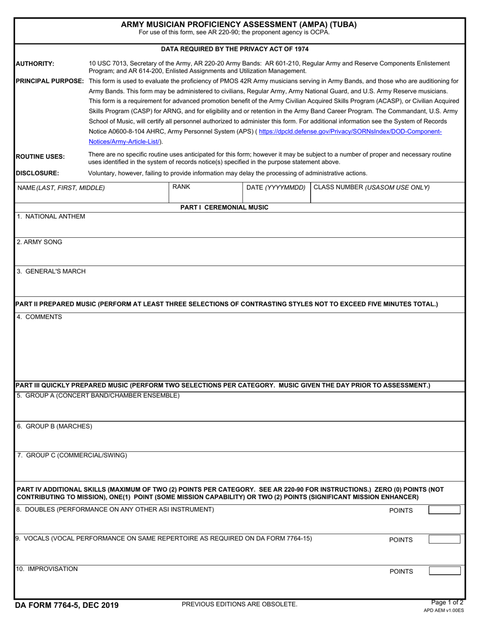 DA Form 7764-5 Download Fillable PDF or Fill Online Army Musician ...