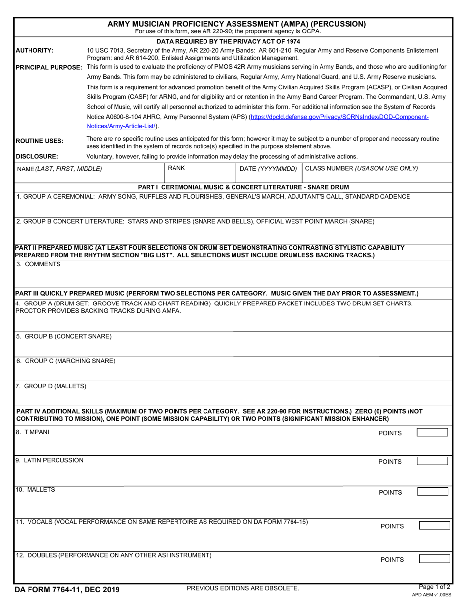 DA Form 7764-11 Download Fillable PDF or Fill Online Army Musician ...