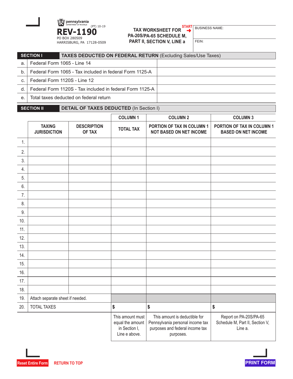 Form REV-1190 Download Fillable PDF or Fill Online Tax Worksheet for Pa ...