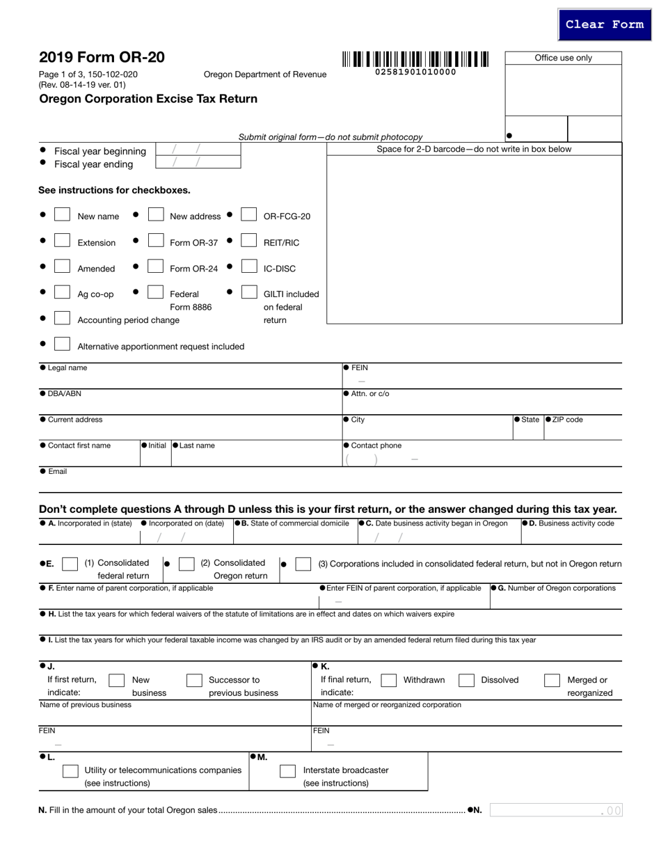 Form OR-20 (150-102-020) - 2019 - Fill Out, Sign Online and Download ...