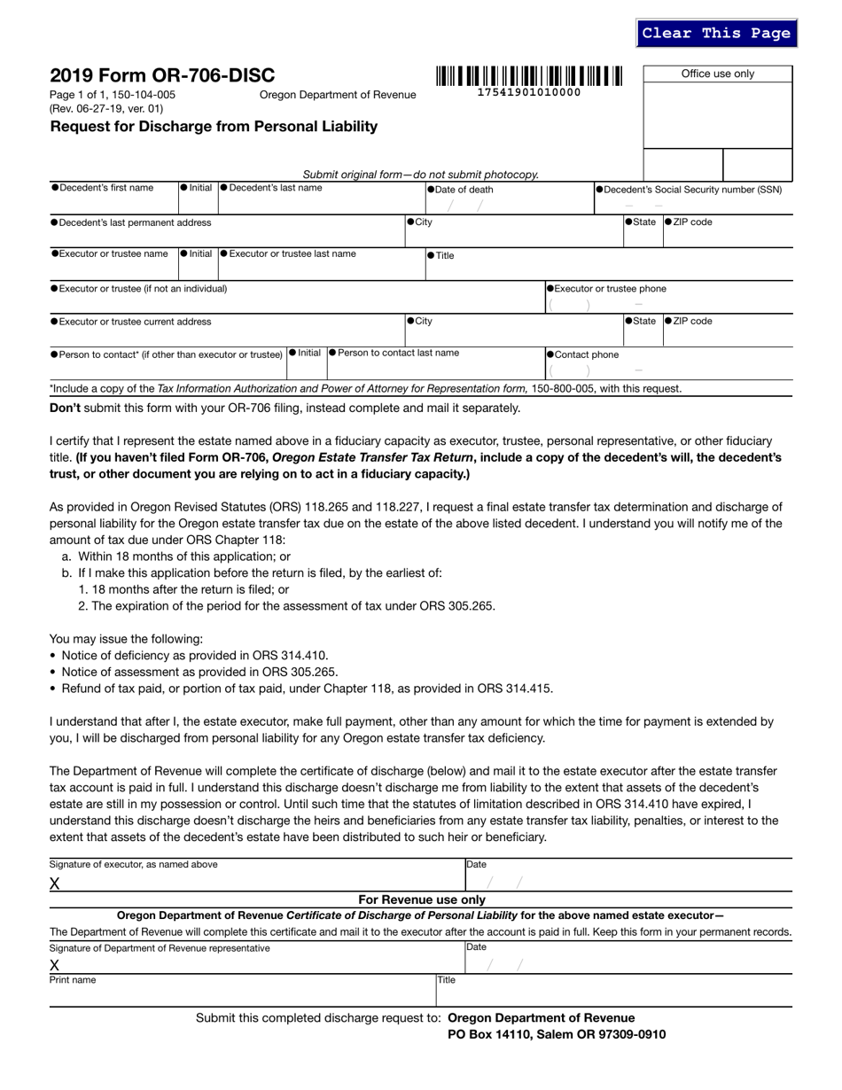 Form OR-706-DISC (150-104-005) - 2019 - Fill Out, Sign Online and ...