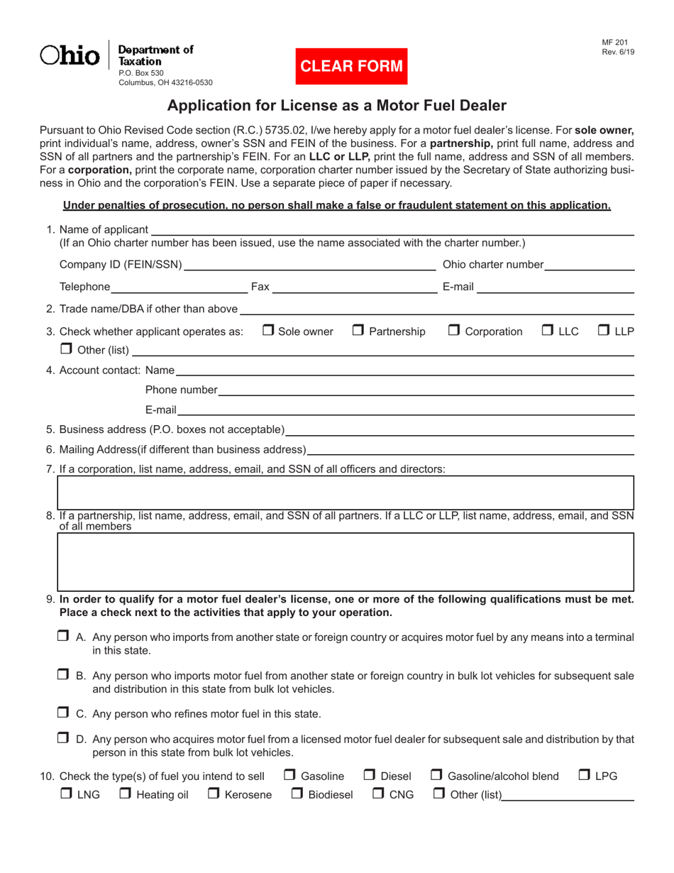 Form MF201 Download Fillable PDF or Fill Online Application for License ...