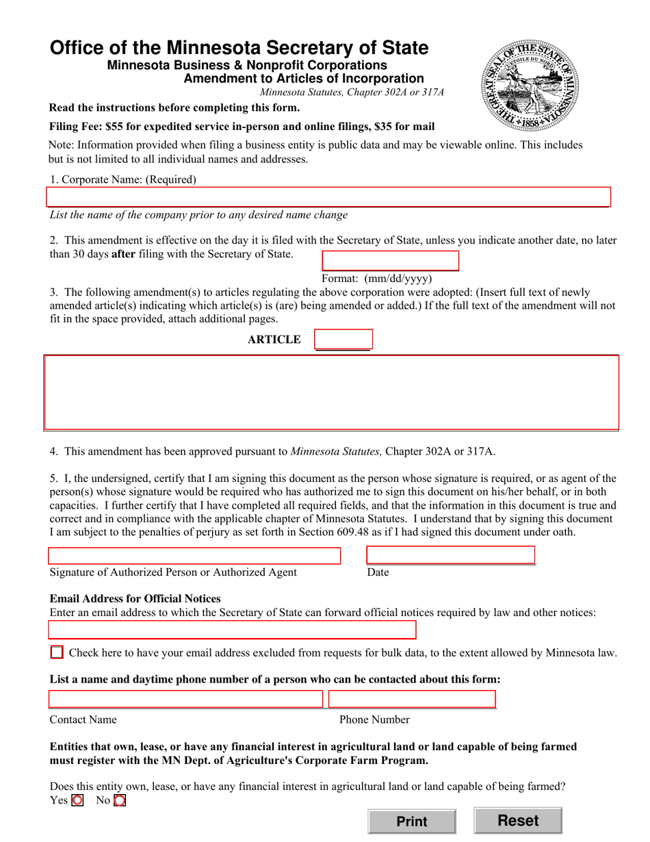 Minnesota Minnesota Business & Nonprofit Corporations Amendment to ...