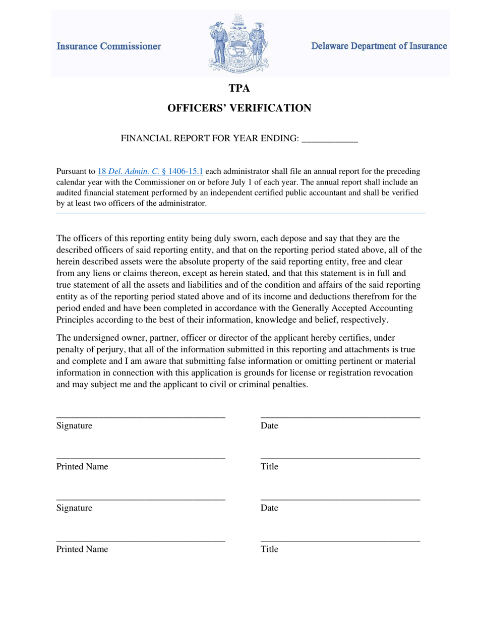 Delaware Tpa Officers' Verification - Fill Out, Sign Online and ...