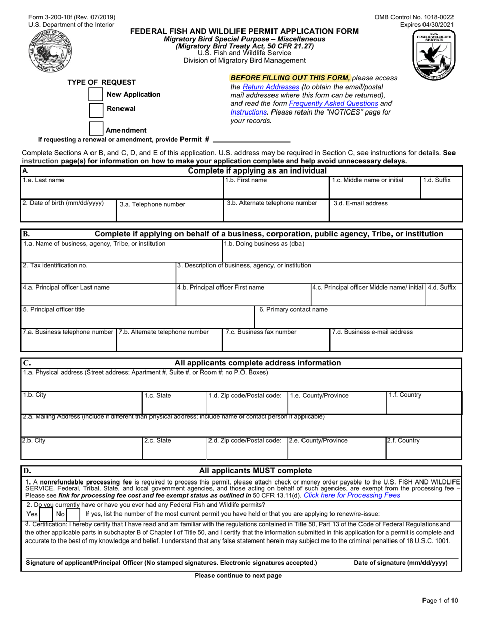 FWS Form 3-200-10F Download Fillable PDF or Fill Online Federal Fish ...