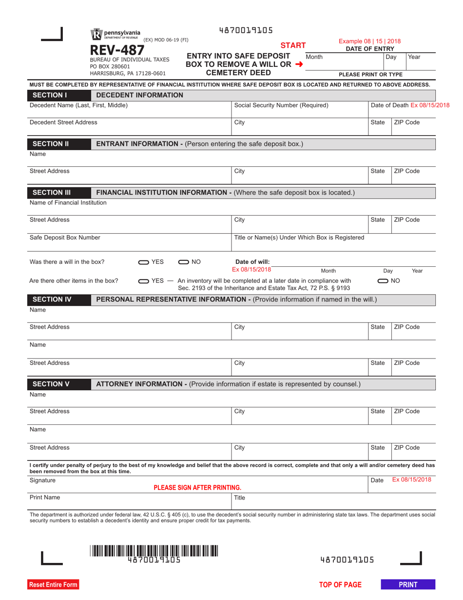 Form REV-487 Download Fillable PDF or Fill Online Entry Into Safe ...