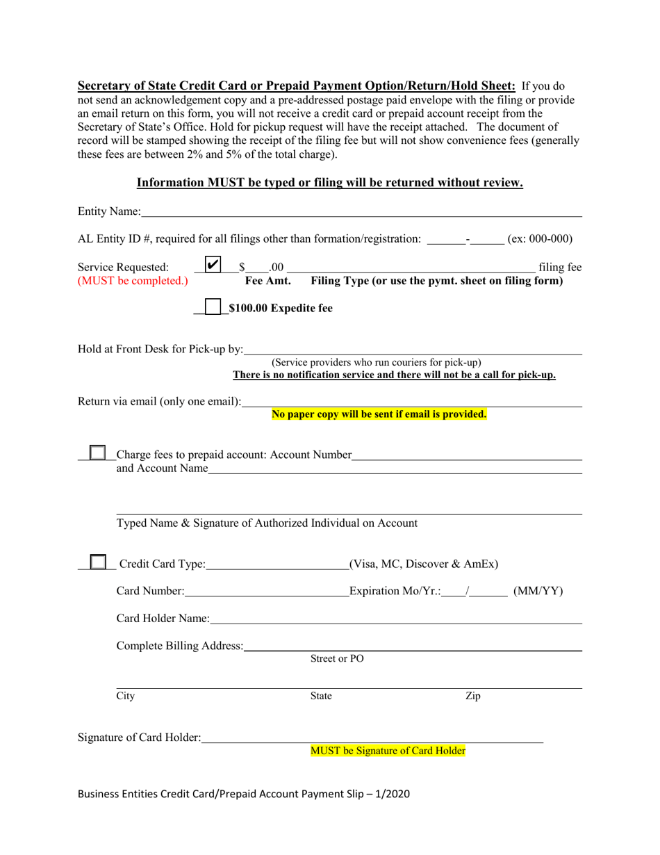 Alabama Business Entities Credit Card/Prepaid Account Payment Slip ...