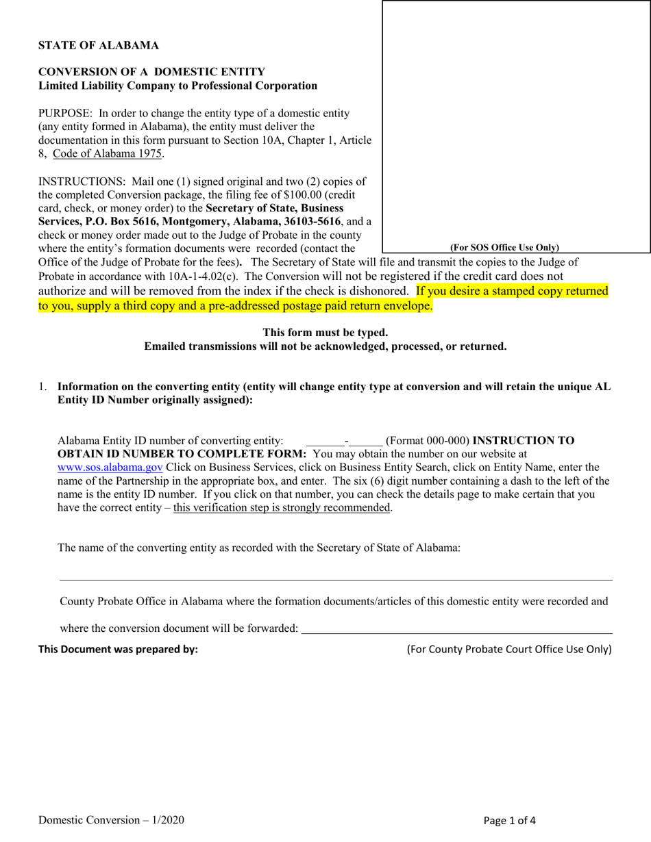 Alabama Conversion of a Domestic Entity - Limited Liability Company to ...