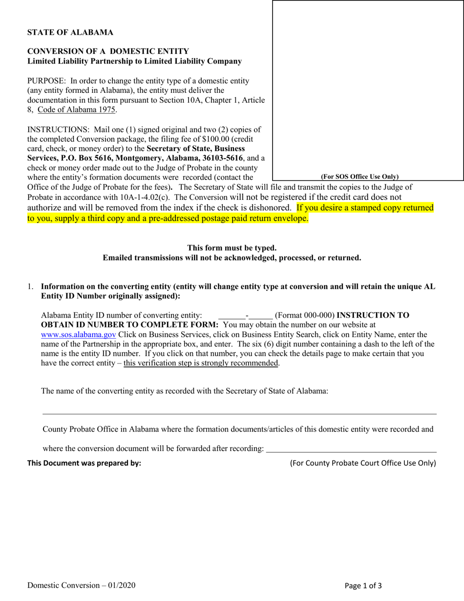Alabama Conversion of a Domestic Entity - Limited Liability Partnership ...