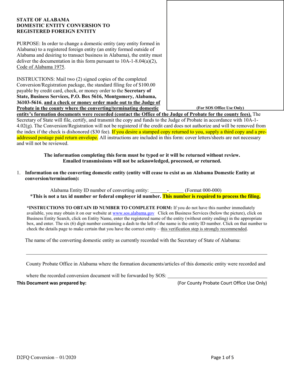 Alabama Domestic Entity Conversion to Registered Foreign Entity ...
