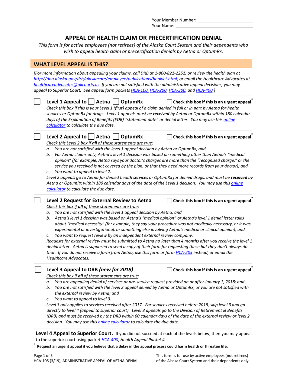 Form HCA-105 Download Fillable PDF or Fill Online Appeal of Health ...