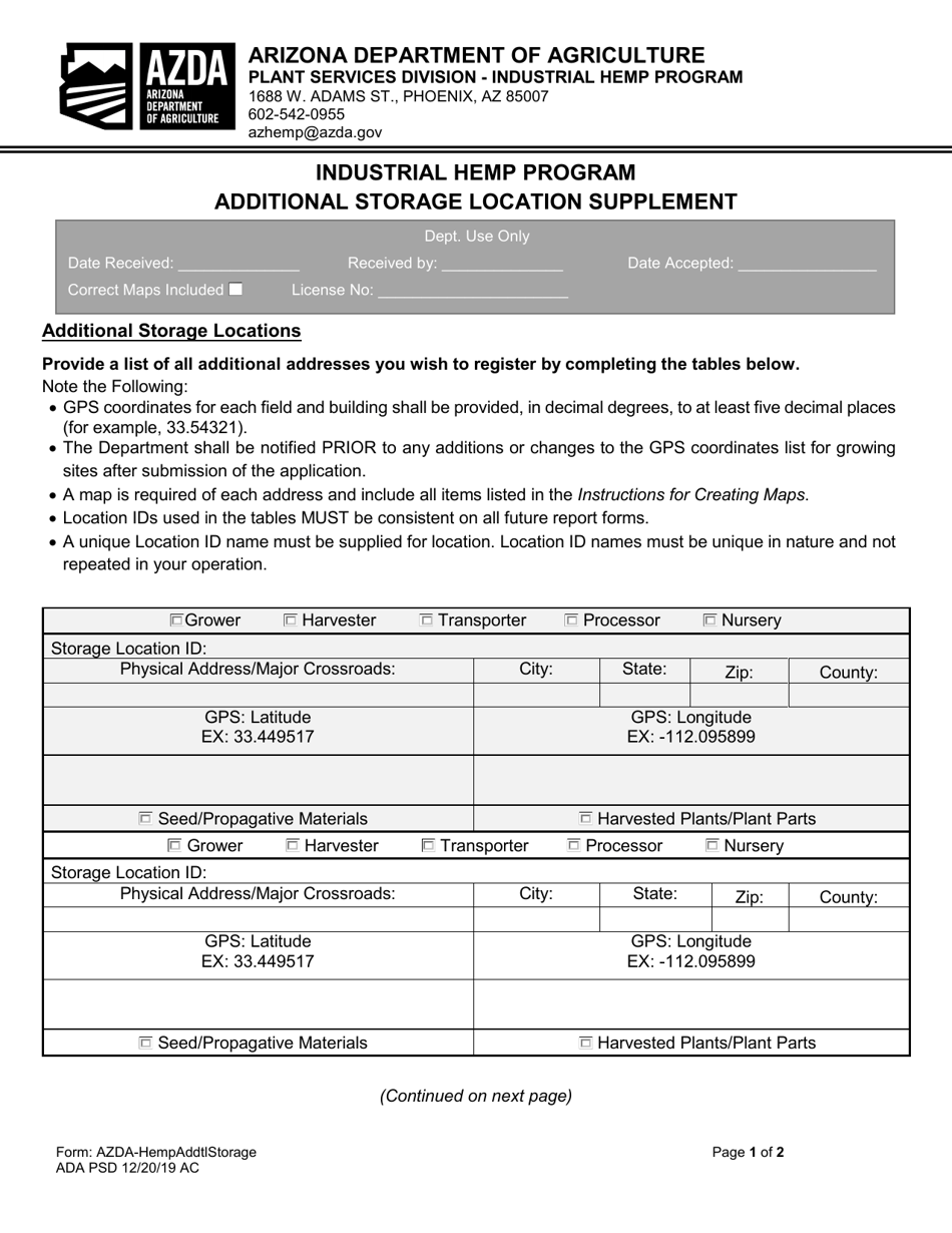 Arizona Industrial Hemp Program Additional Storage Location Supplement ...