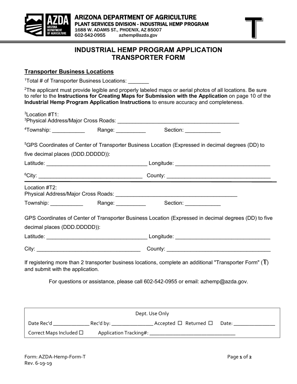 Arizona Industrial Hemp Program Application Transporter Form - Fill Out ...