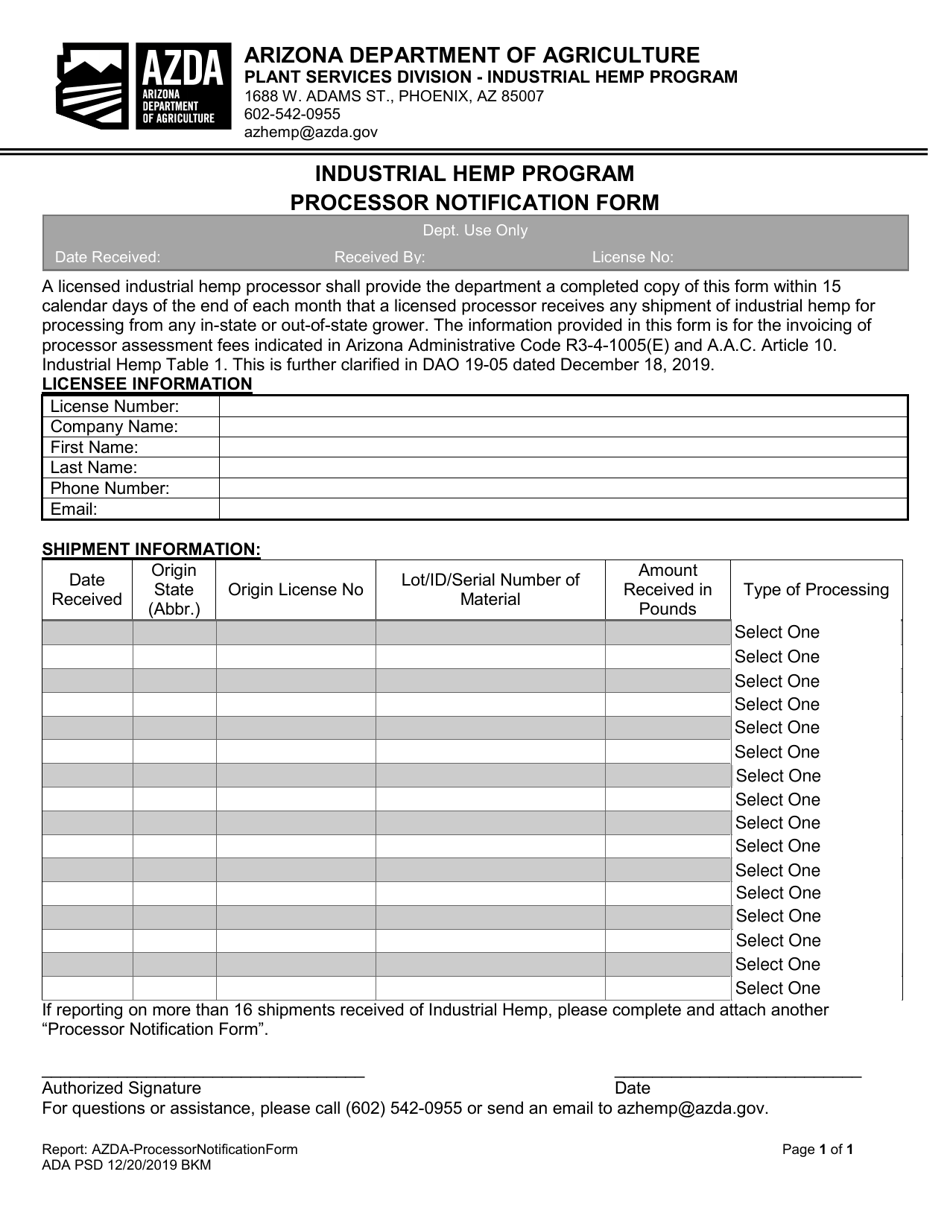 Arizona Industrial Hemp Program Processor Notification Form - Fill Out ...