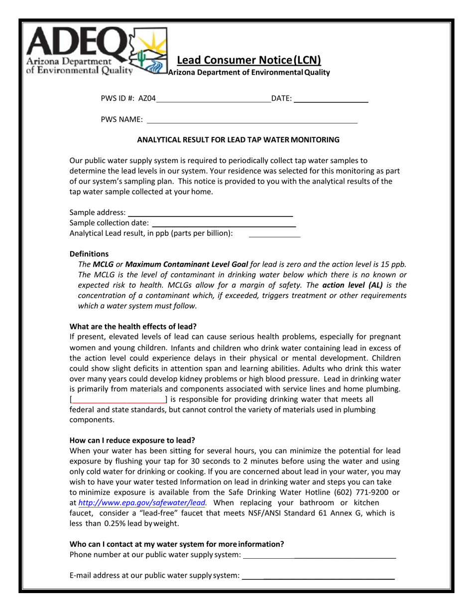 Arizona Lead Consumer Notice (Lcn) - Fill Out, Sign Online and Download ...