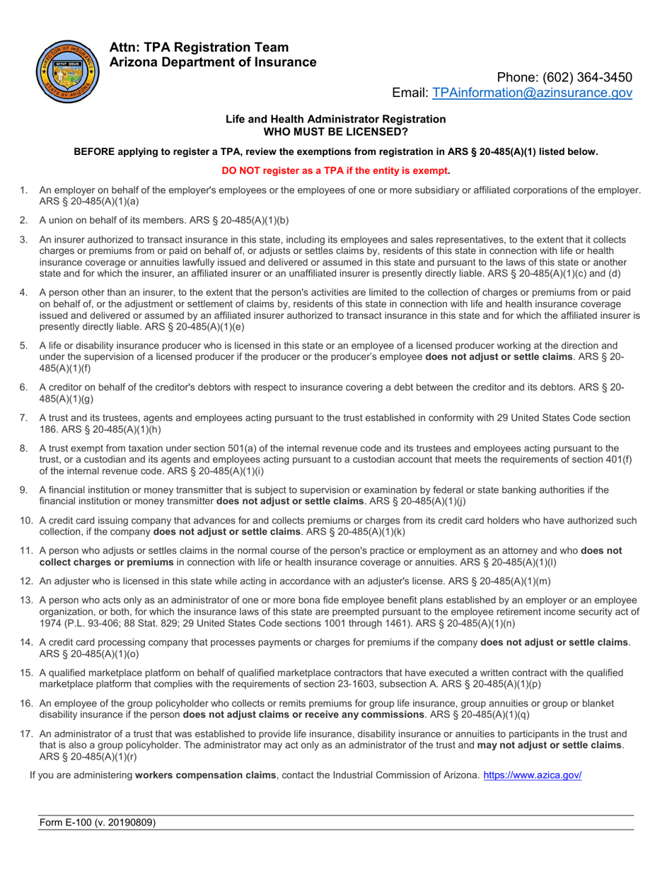 Form E-100 - Fill Out, Sign Online and Download Fillable PDF, Arizona ...