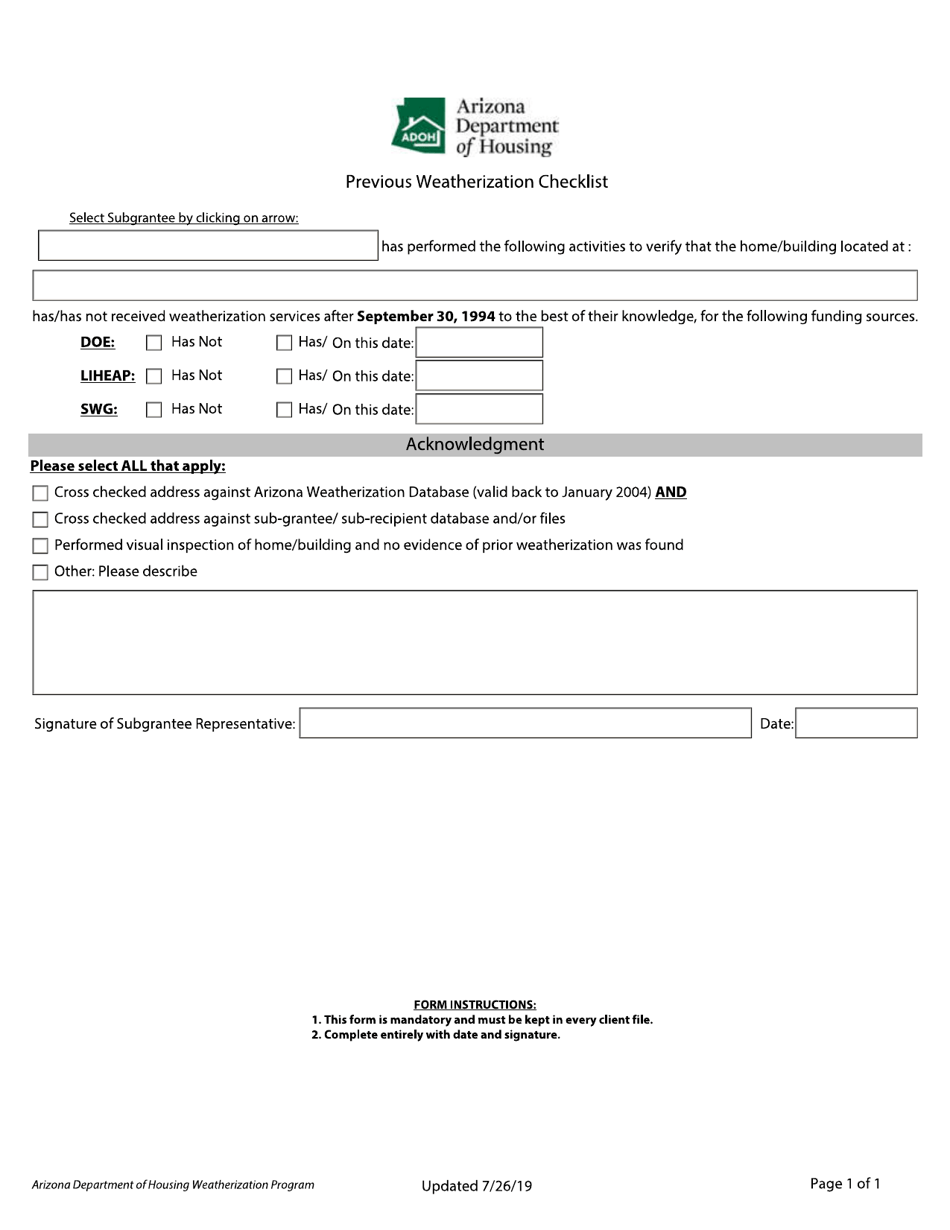 Arizona Previous Weatherization Checklist Download Fillable PDF ...