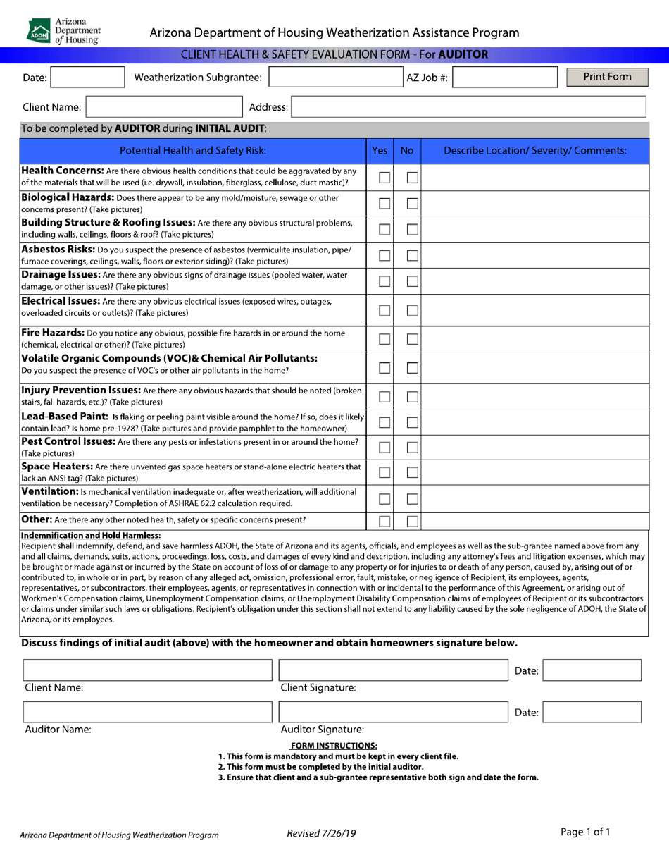 Arizona Client Health & Safety Evaluation Form - for Auditor - Fill Out ...