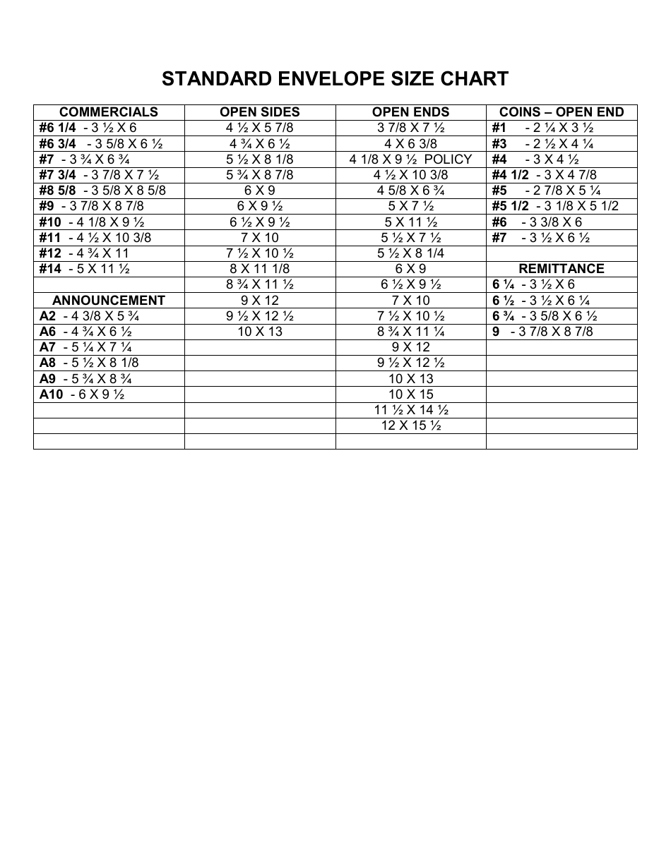 Standard Envelope Size Chart Download Printable PDF Templateroller