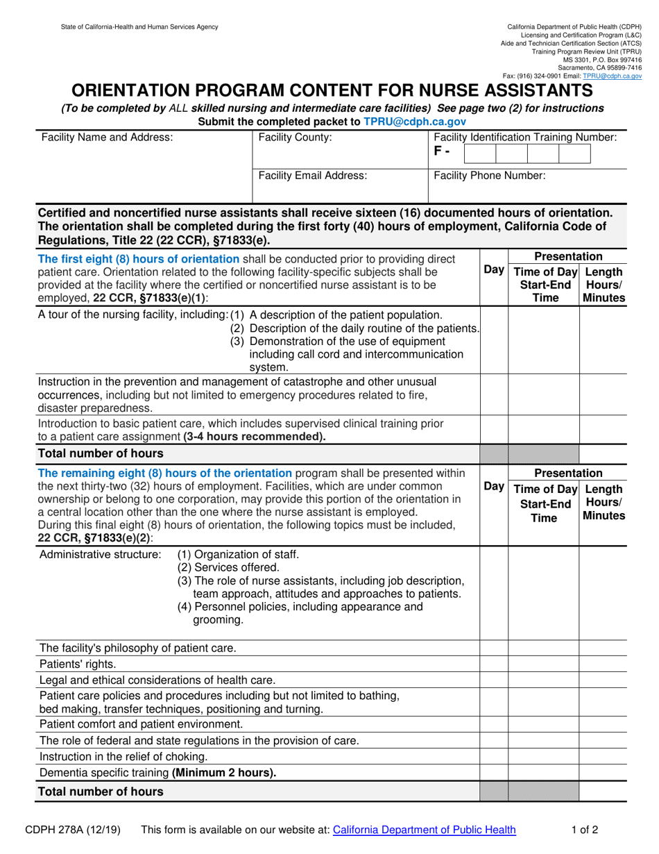 Form CDPH278A Download Fillable PDF or Fill Online Orientation Program ...