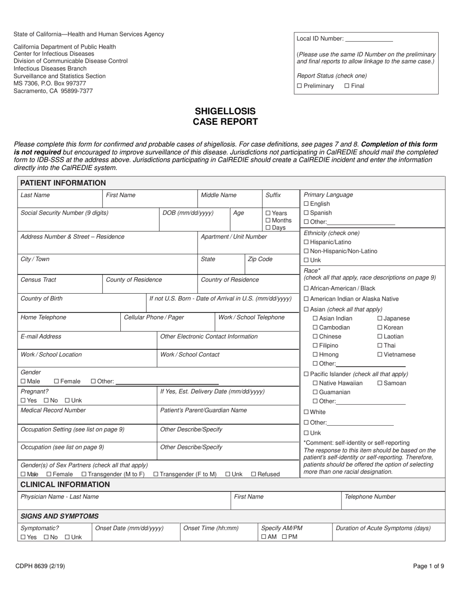Form CDPH8639 Download Fillable PDF or Fill Online Shigellosis Case ...