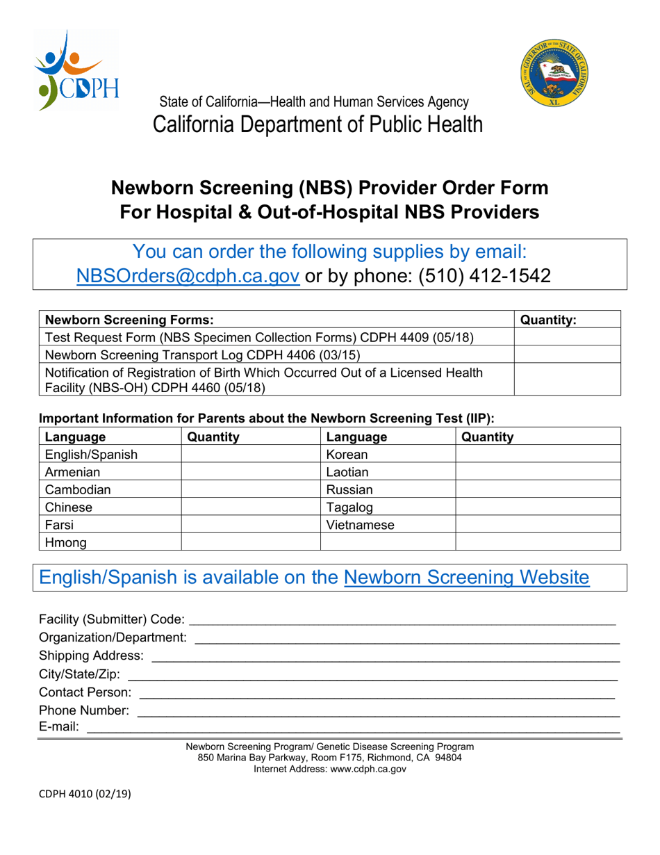 Form CDPH4010 - Fill Out, Sign Online and Download Fillable PDF ...