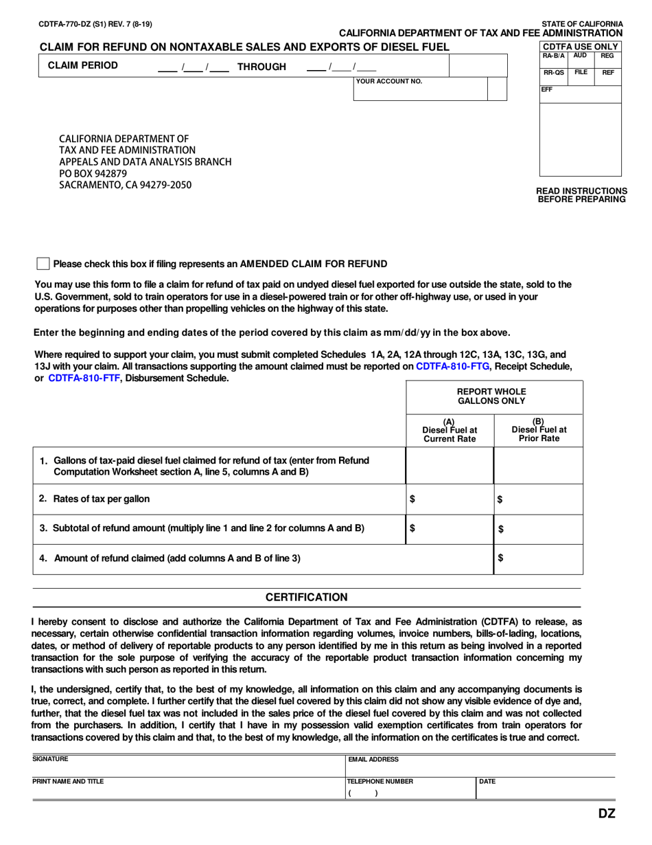 Form CDTFA-770-DZ Download Fillable PDF or Fill Online Claim for Refund ...
