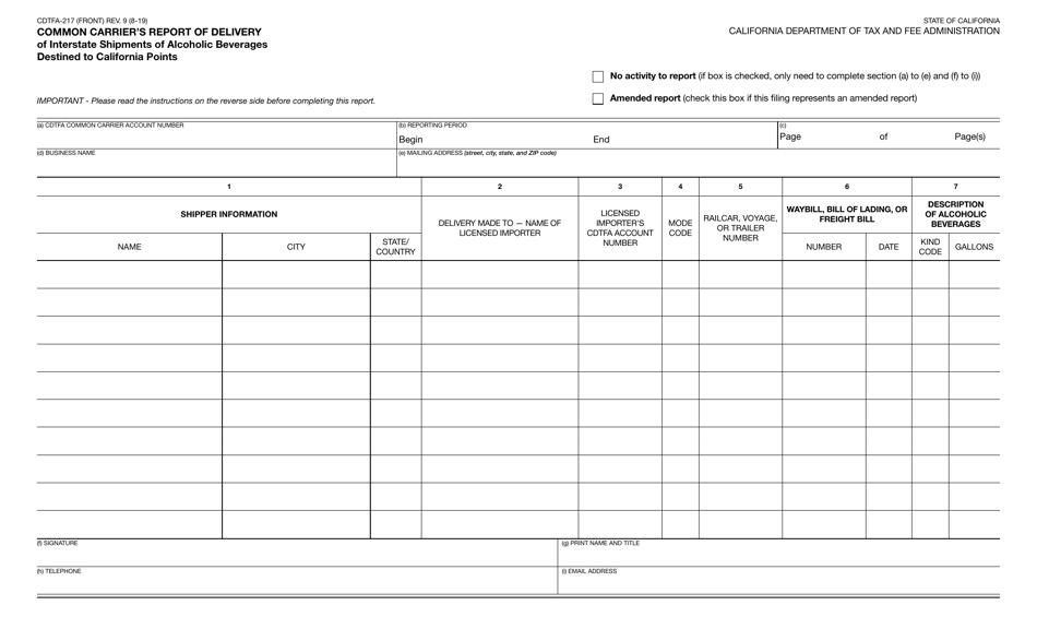 Form CDTFA-217 Download Fillable PDF or Fill Online Common Carrier's ...