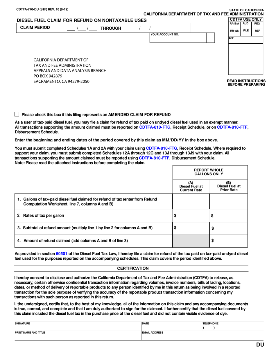Form CDTFA-770-DU Download Fillable PDF or Fill Online Diesel Fuel ...