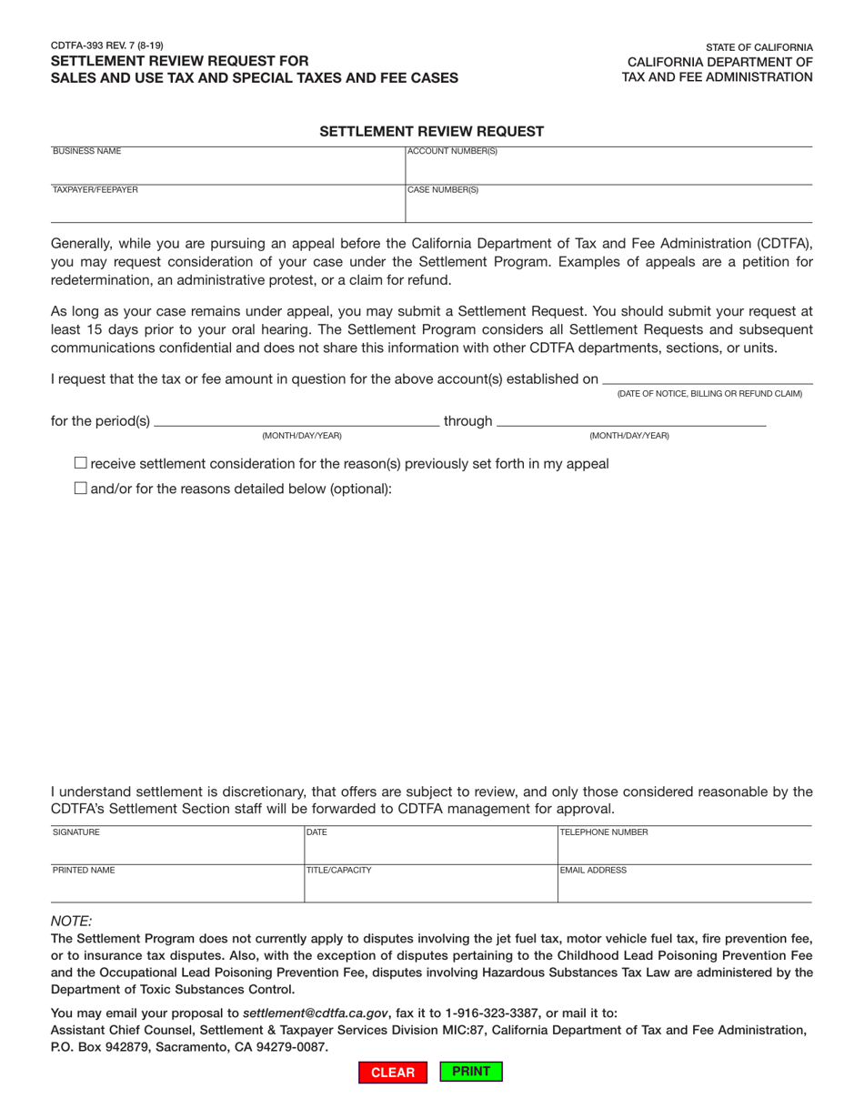 Form CDTFA-393 Download Fillable PDF or Fill Online Settlement Review ...