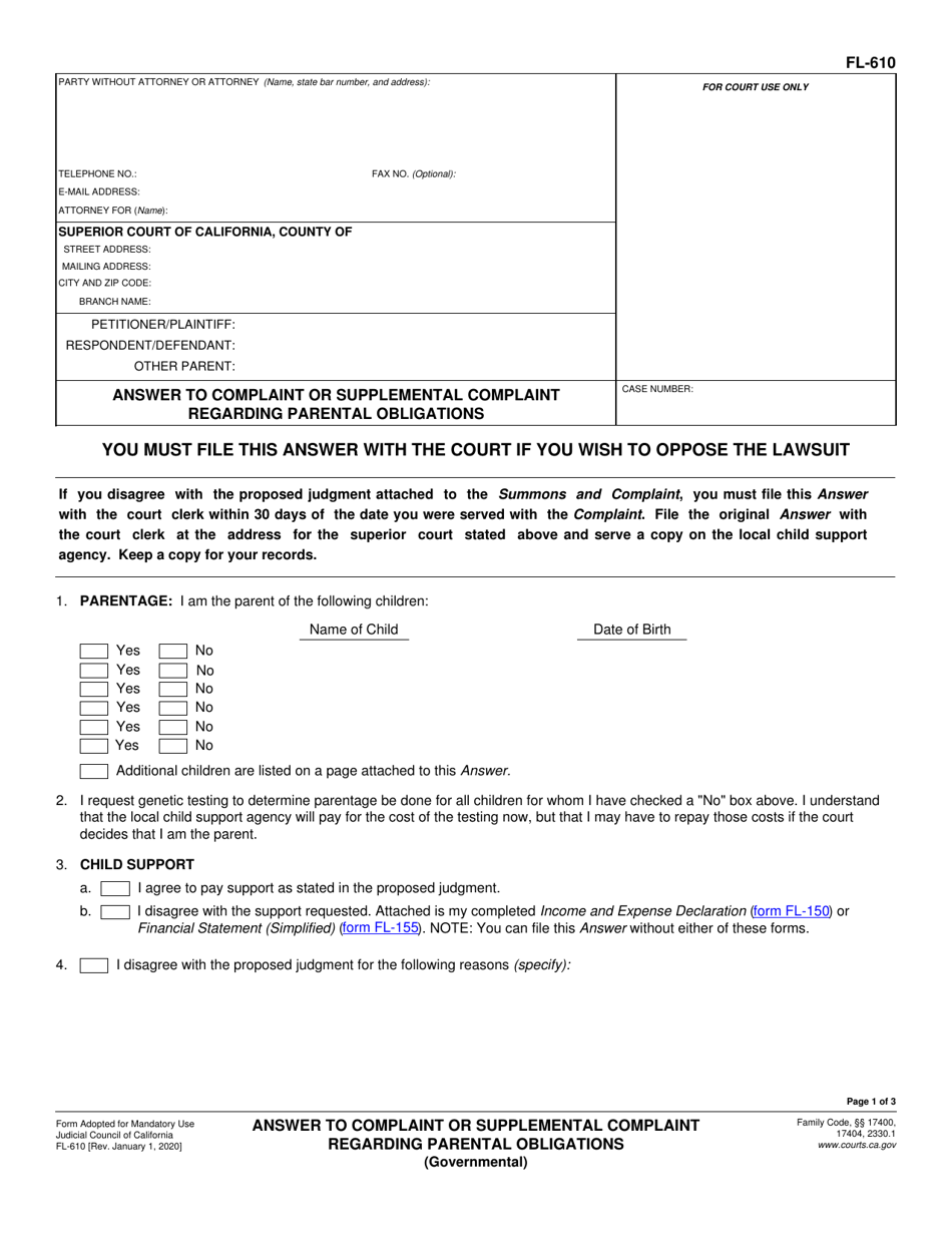 Form FL-610 Download Fillable PDF or Fill Online Answer to Complaint or ...