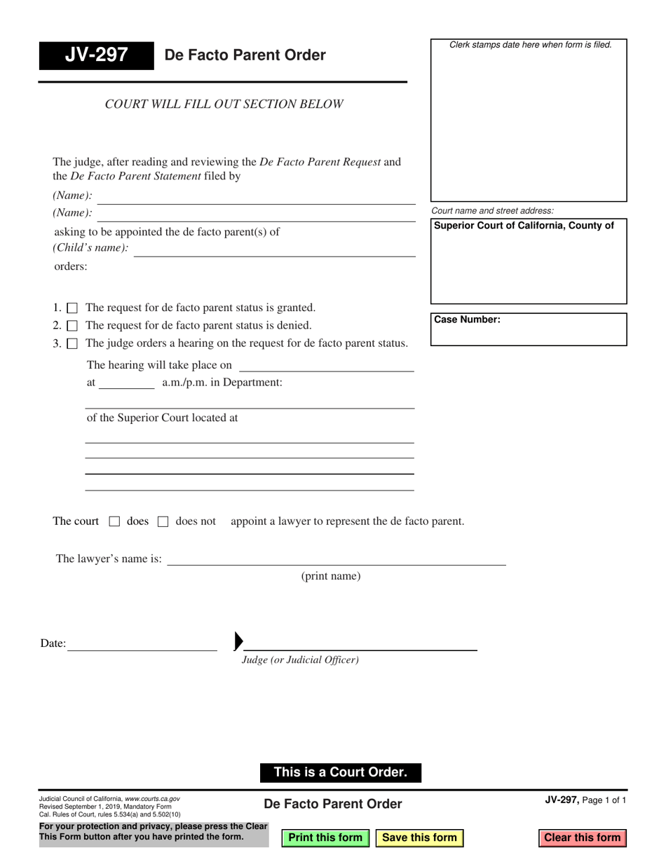 Form JV-297 Download Fillable PDF or Fill Online De Facto Parent Order ...
