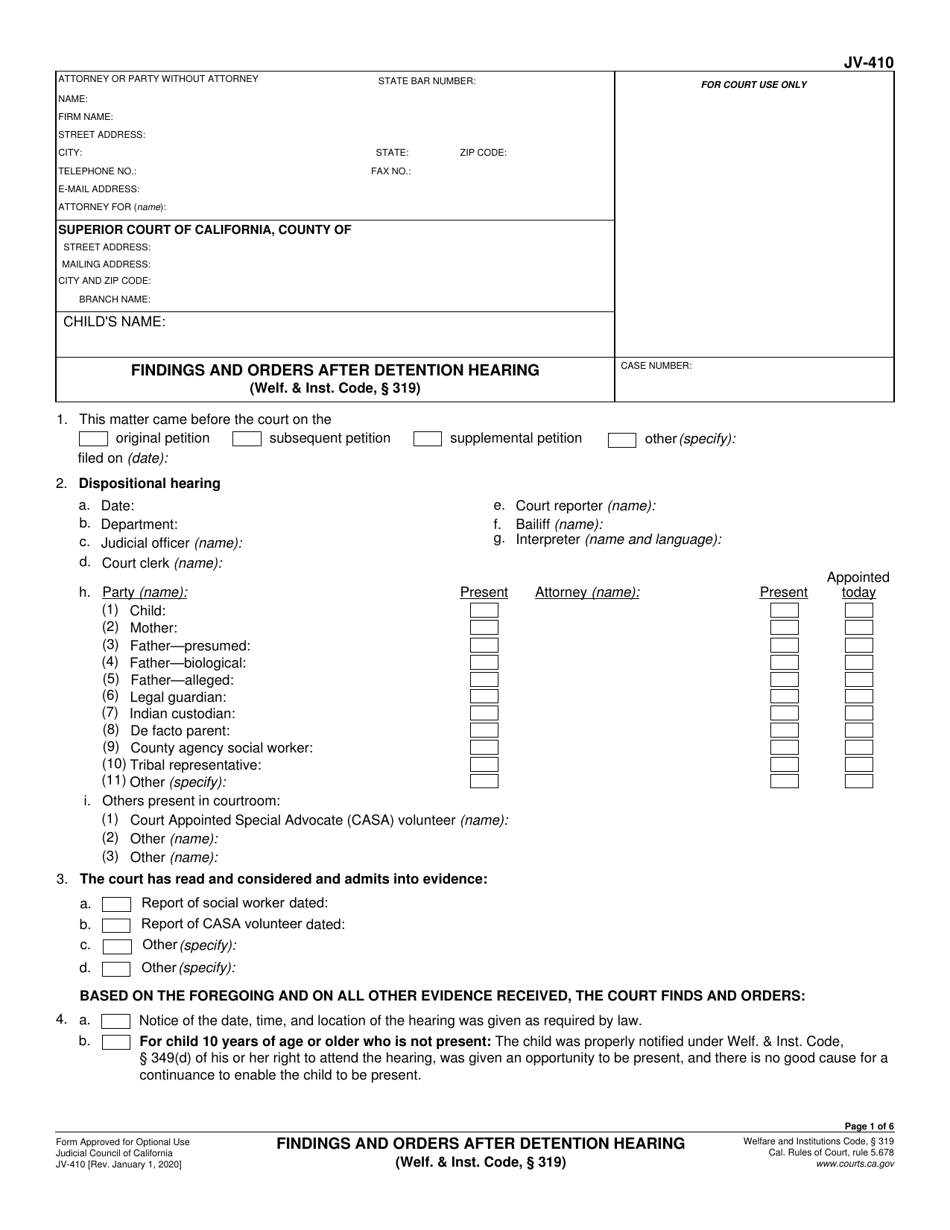Form JV-410 - Fill Out, Sign Online and Download Fillable PDF ...