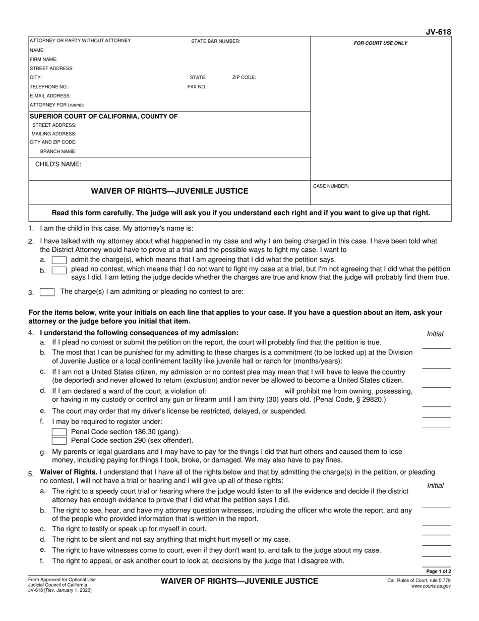 Form JV-618 Download Fillable PDF or Fill Online Waiver of Rights ...
