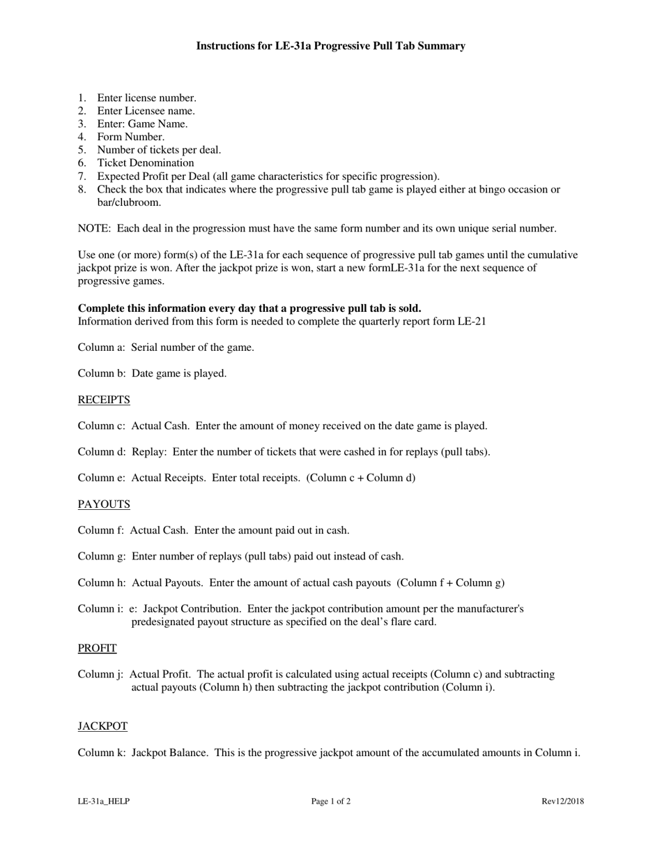 Download Instructions for Form LE-31A Progressive Pull Tab Summary PDF ...