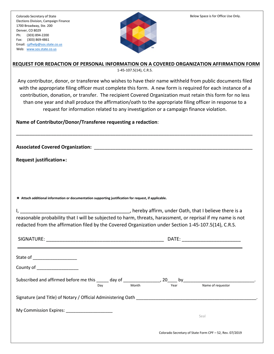 Form CPF-52 - Fill Out, Sign Online and Download Fillable PDF, Colorado ...