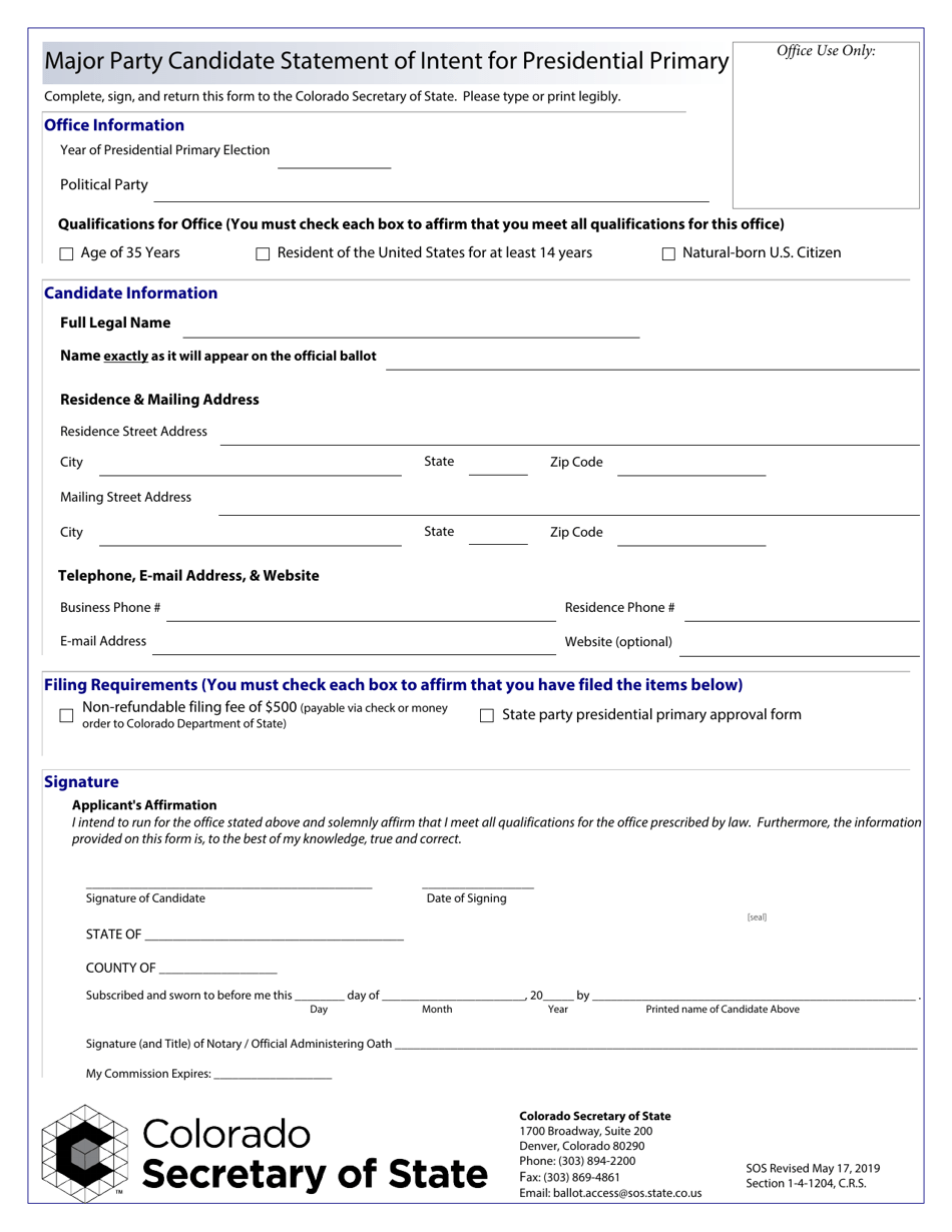 Colorado Major Party Candidate Statement of Intent for Presidential ...