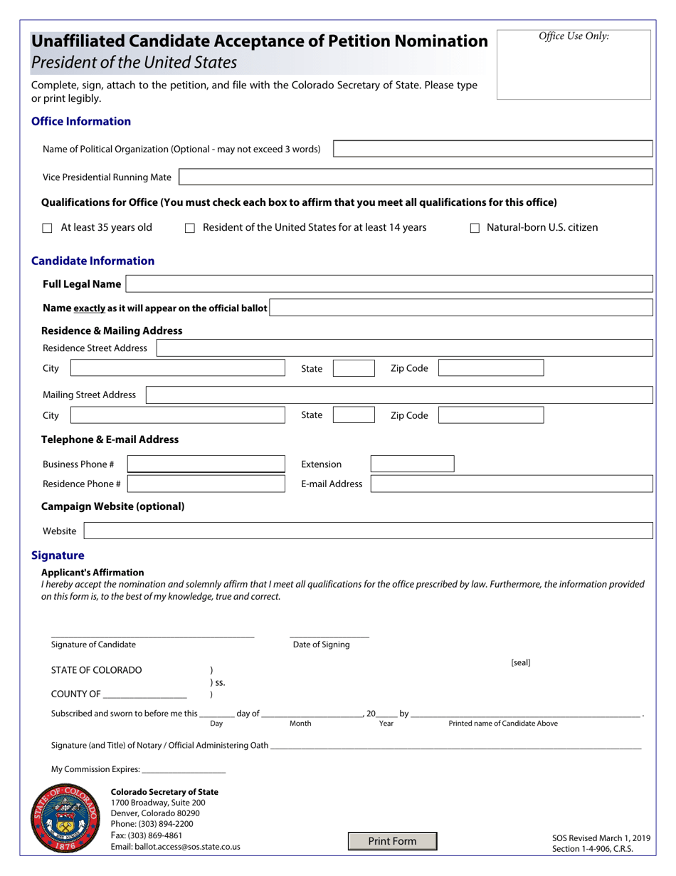 Colorado Unaffiliated Candidate Acceptance of Petition Nomination ...