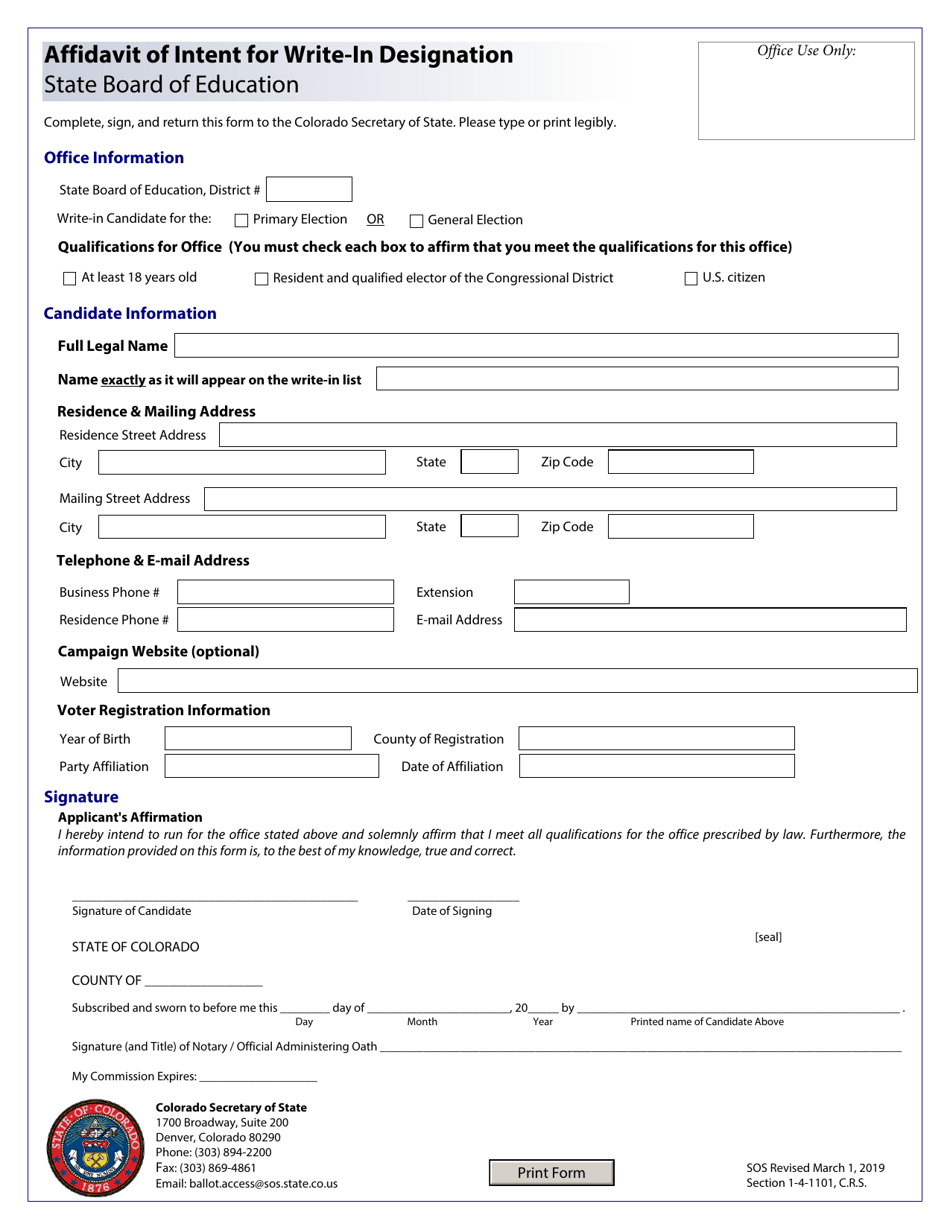 Colorado State Board of Education Affidavit of Intent for Write-In ...
