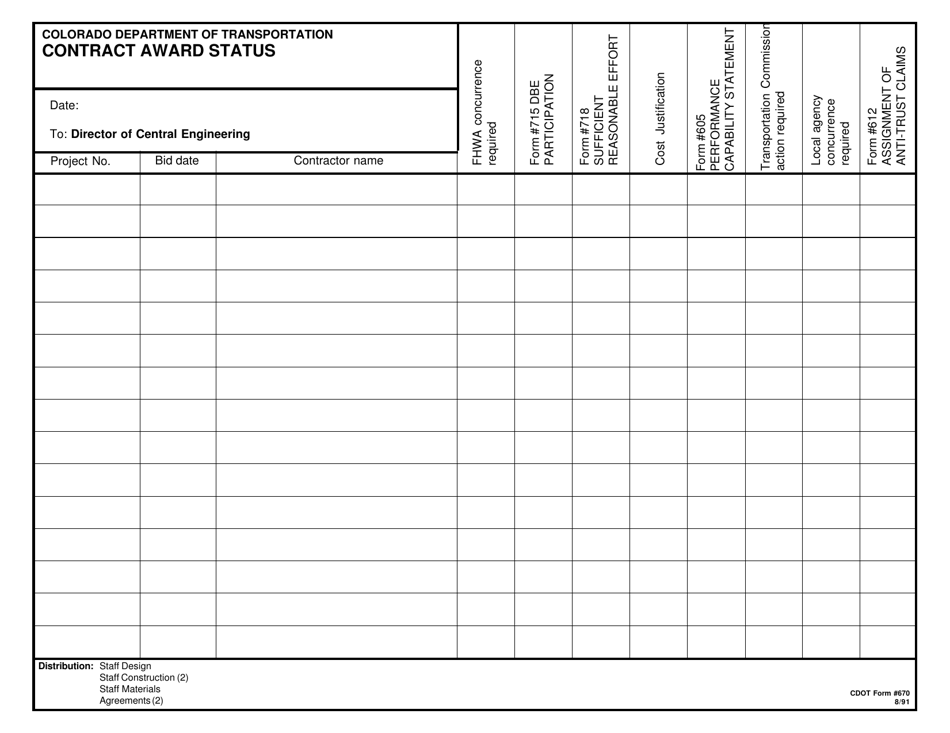 CDOT Form 670 Download Printable PDF or Fill Online Contract Award ...