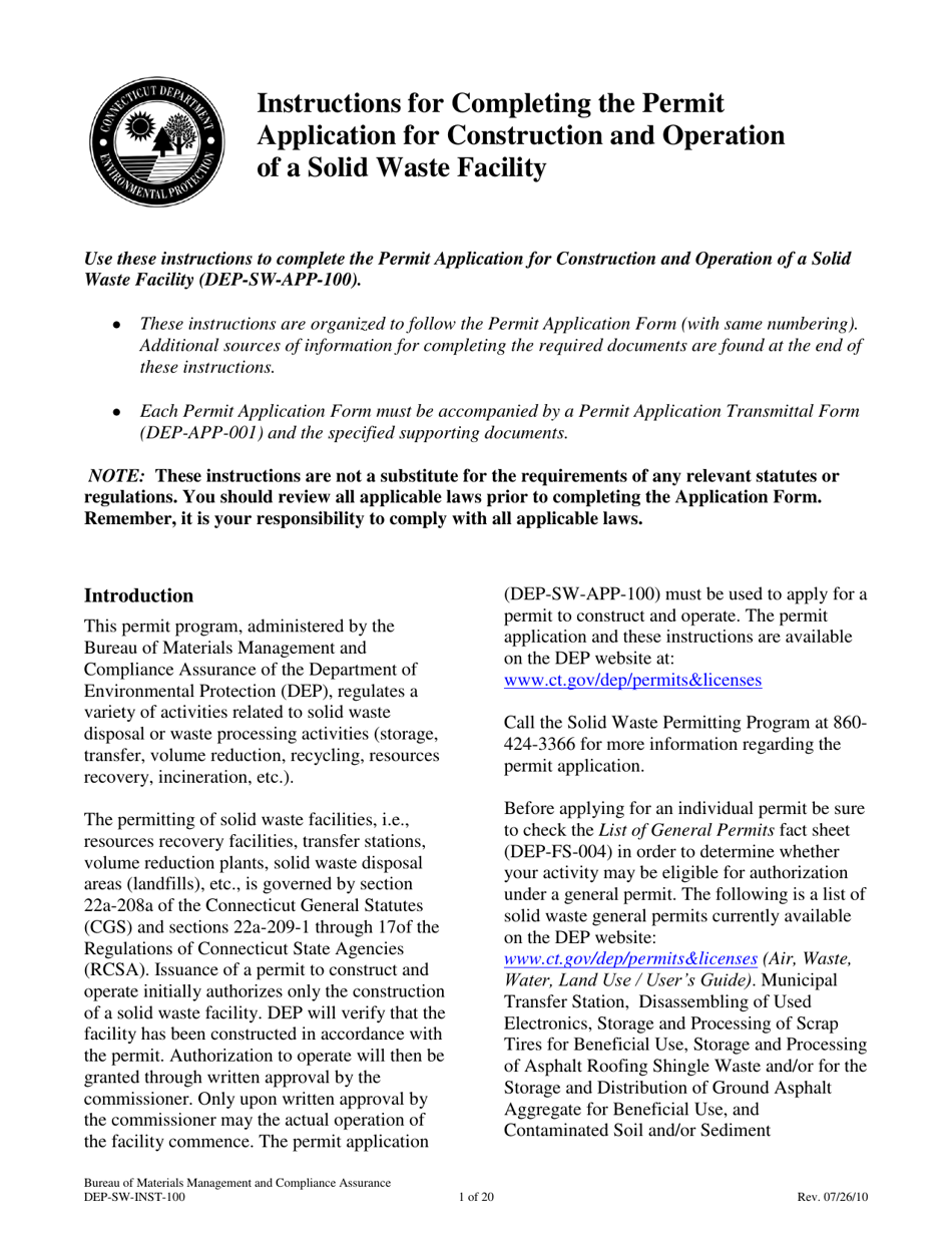 Download Instructions for Form DEP-SW-APP-100 Permit Application for ...