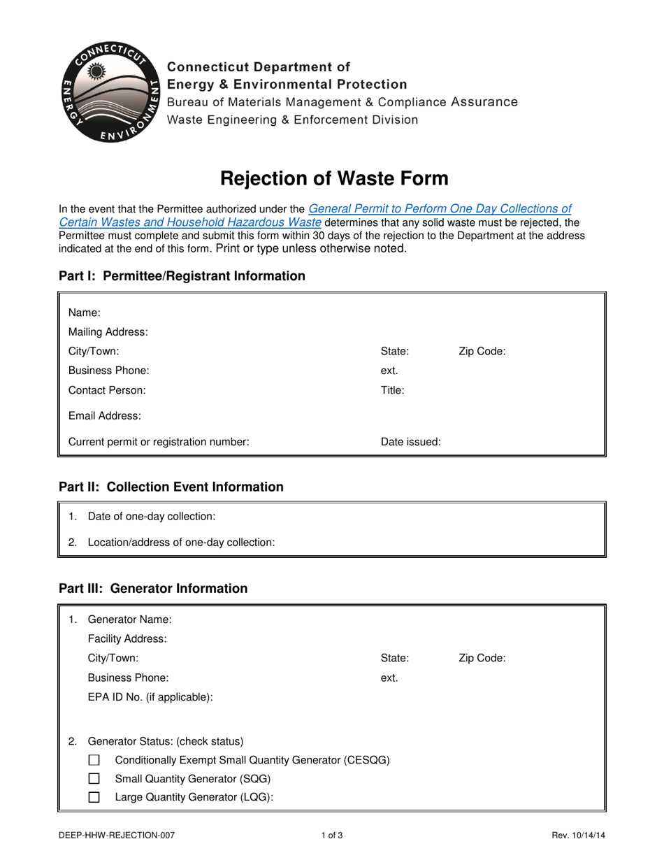 Form DEEP-HHW-REJECTION-007 - Fill Out, Sign Online and Download ...
