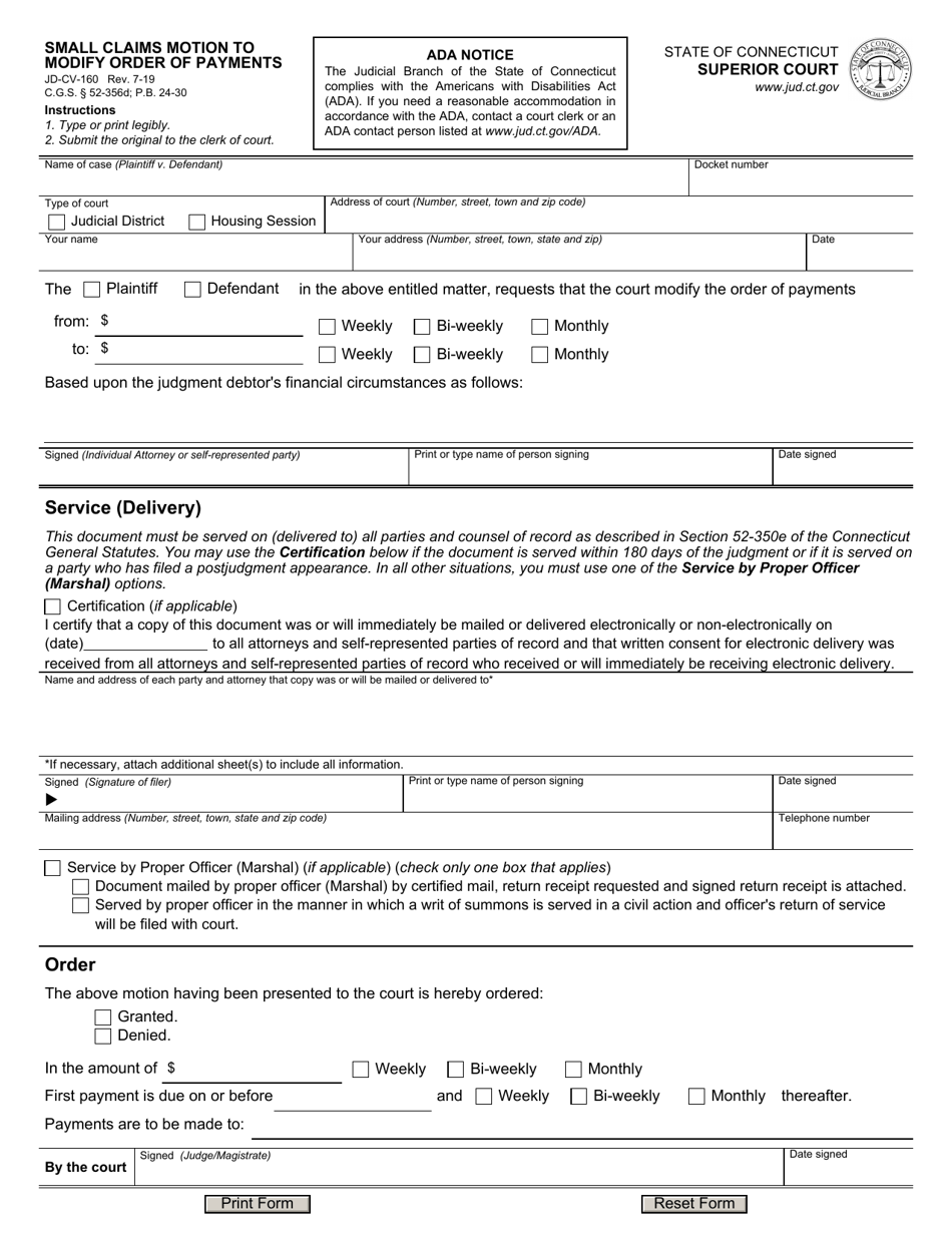 Form JD-CV-160 Download Fillable PDF or Fill Online Small Claims Motion ...