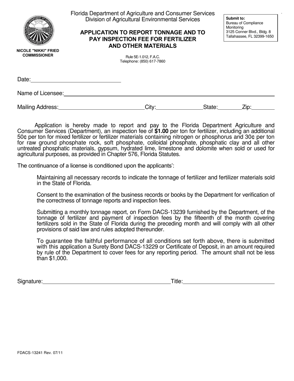 Form FDACS-13241 - Fill Out, Sign Online and Download Printable PDF ...