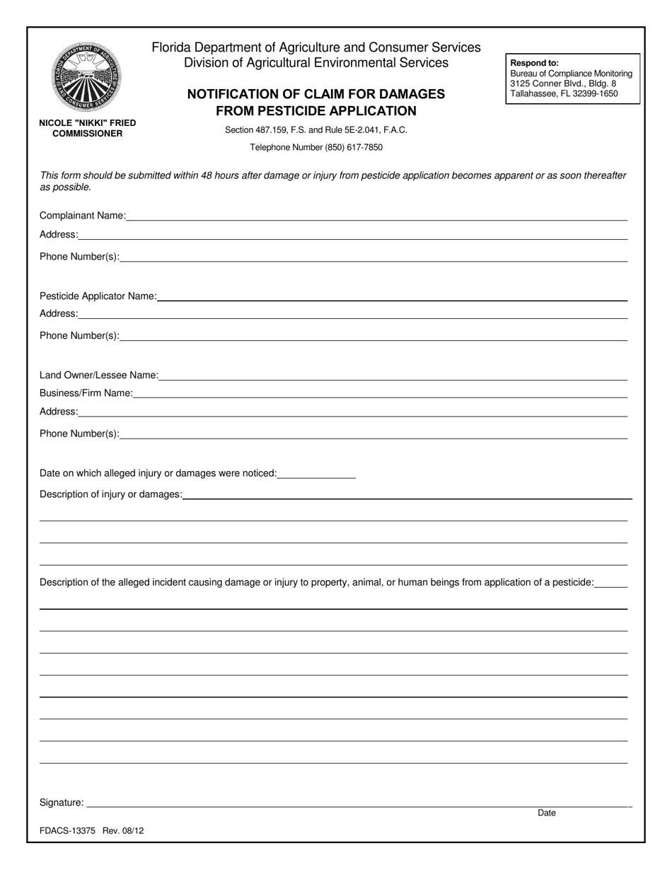 Form FDACS-13375 - Fill Out, Sign Online and Download Printable PDF ...