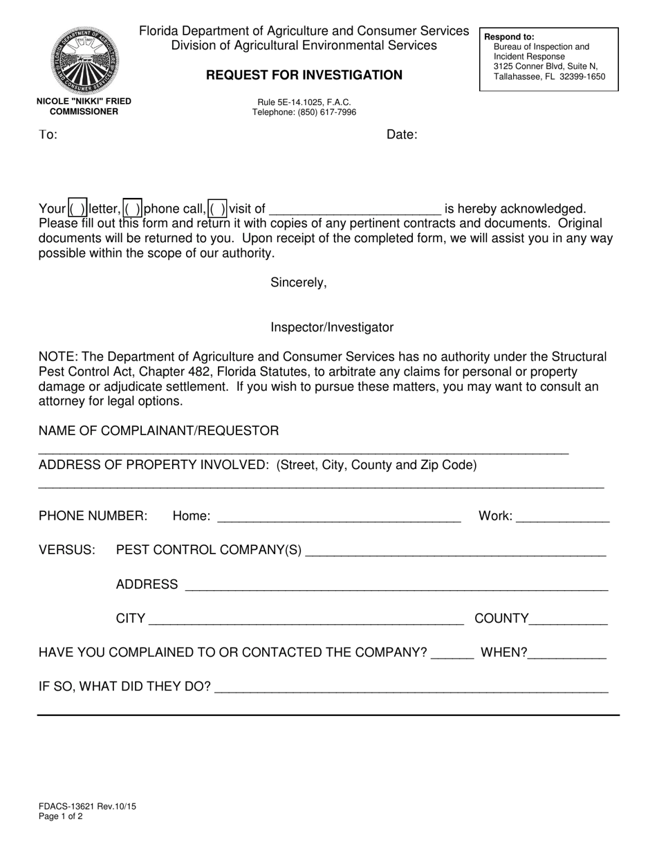 Form FDACS-13621 - Fill Out, Sign Online and Download Fillable PDF ...