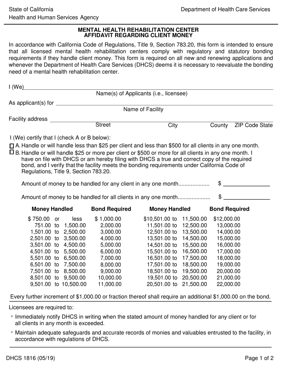 Form DHCS1816 Download Fillable PDF or Fill Online Mental Health ...