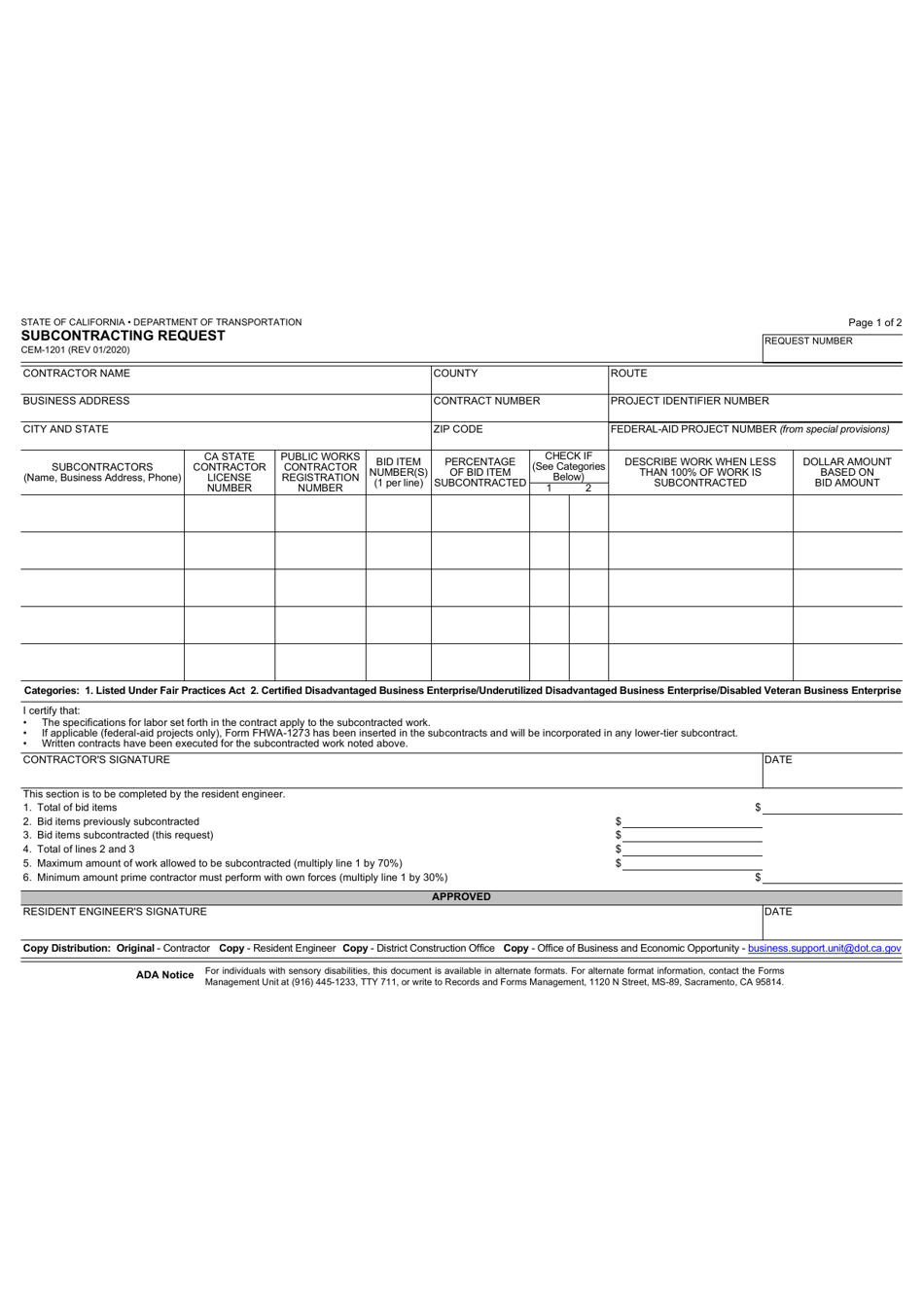 Form Cem-1201 Download Fillable Pdf Or Fill Online Subcontracting ...