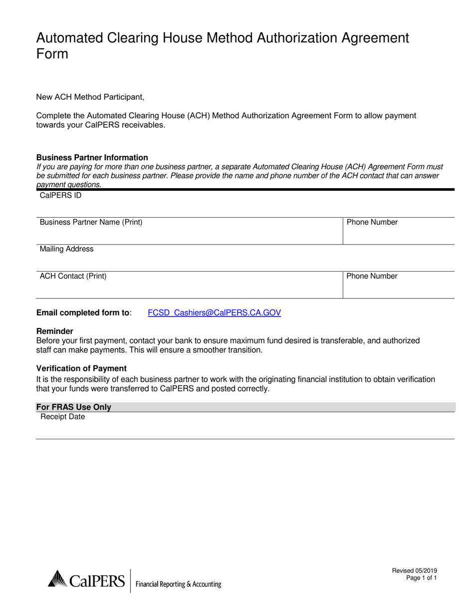 California Automated Clearing House Method Authorization Agreement Form ...