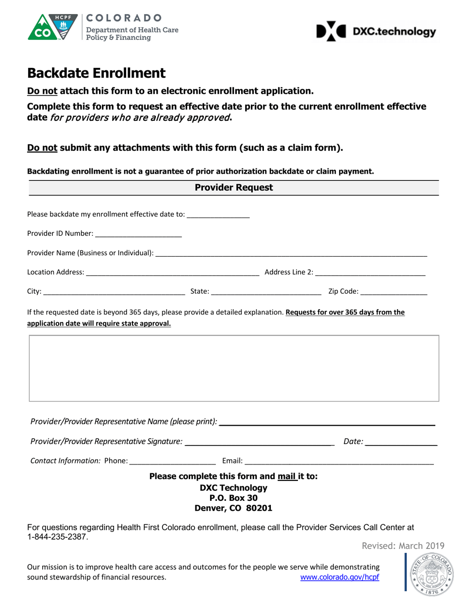 Colorado Backdate Enrollment - Fill Out, Sign Online and Download PDF ...